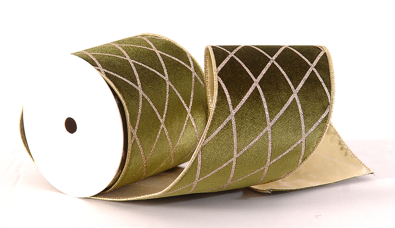 Buy Polyester velvet green/gold ribbon double sided with glitter ...